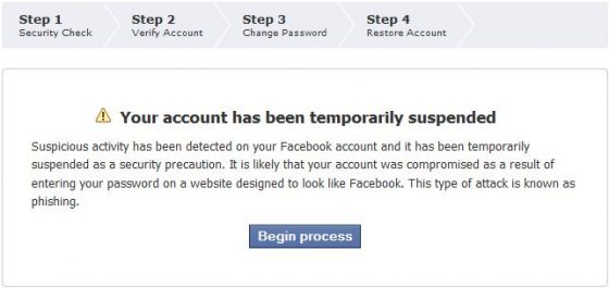 Facebook - Your Account has been temporarily suspended, Message